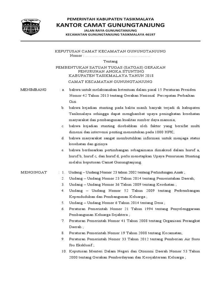 Keputusan Camat Gunungtanjung SK Stunting | PDF