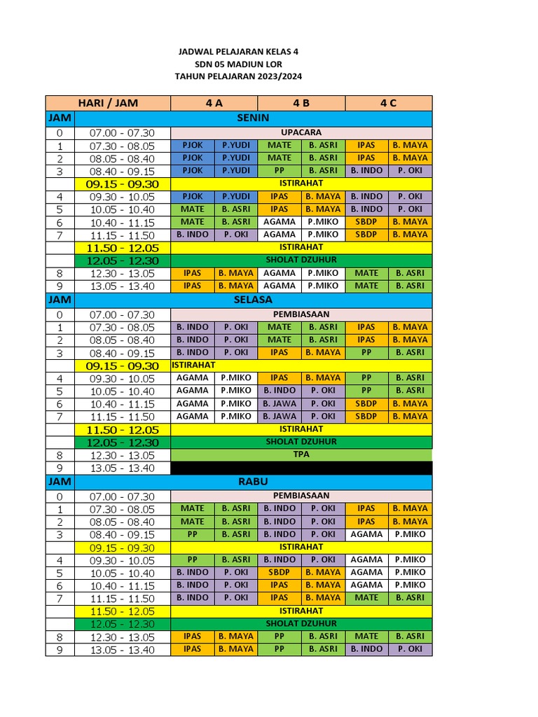 Jadwal Kelas 4 2023-2024 | PDF