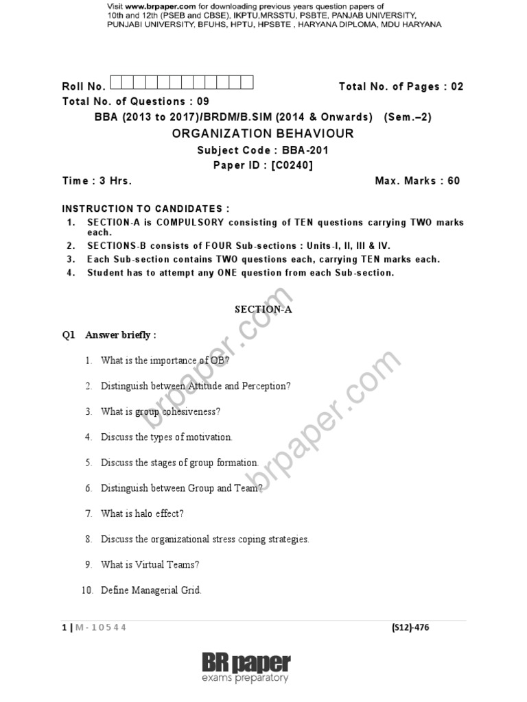 OB (2nd) May2019 Sample QP | PDF | Psychology | Cognition