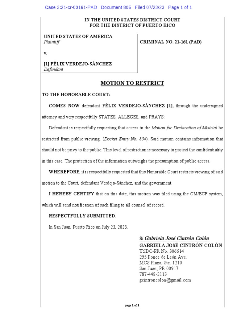 Motion To Restrict: Plaintiff | PDF