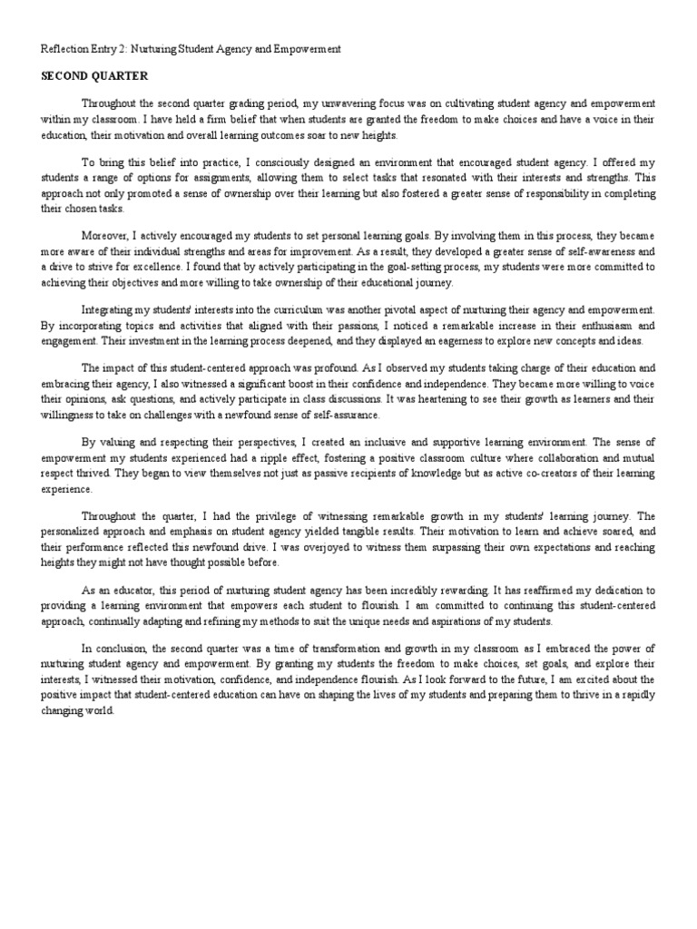 Second Quarter Reflection | PDF | Empowerment | Learning