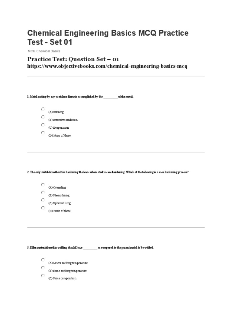 Chemical Engineering MCQ Practice Set 01 | PDF | Construction | Welding