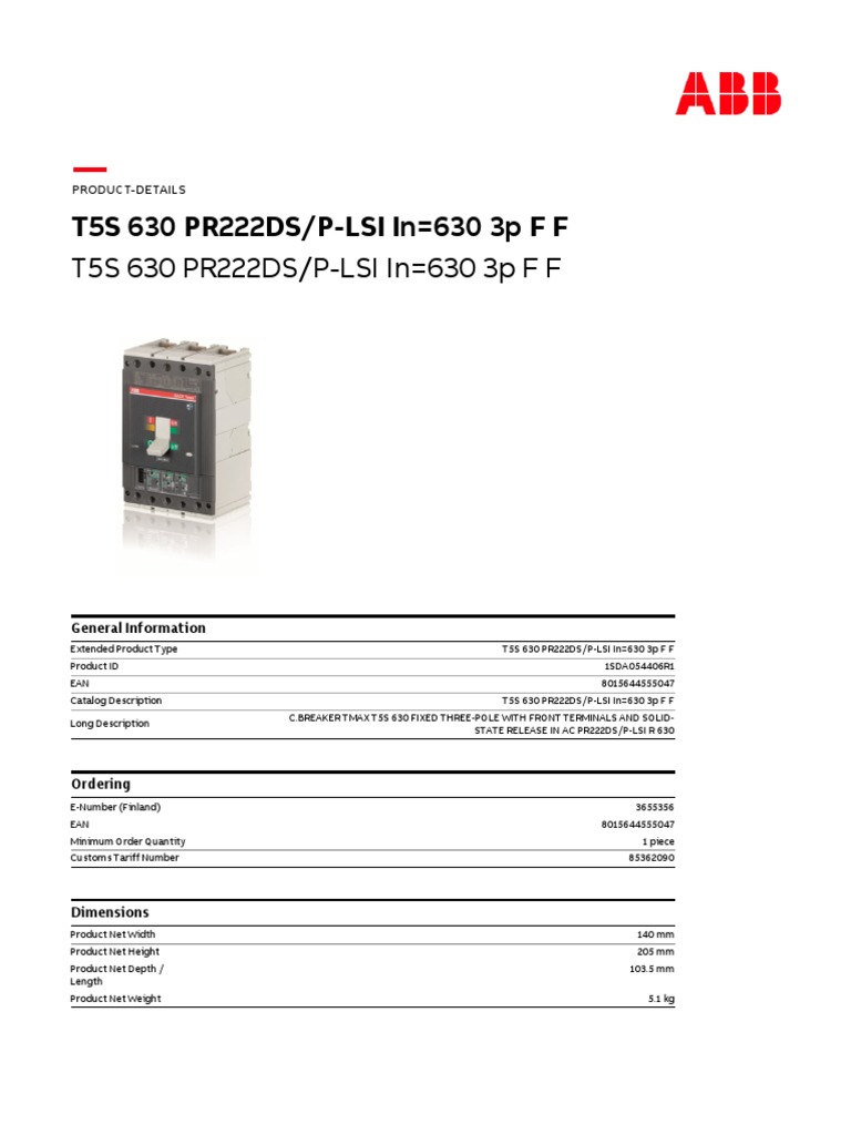 1SDA054406R1 t5s 630 pr222ds P Lsi in 630 3p F F | PDF | Power (Physics) | Electric Power