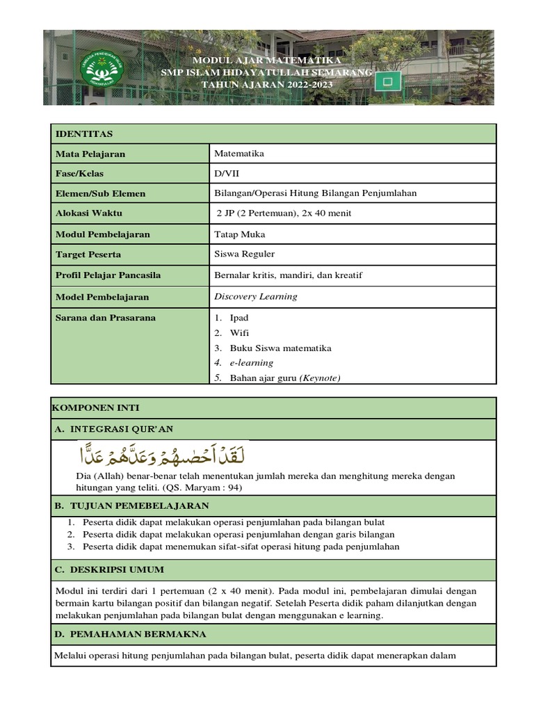 Modul Ajar Matematika SMP Islam Hidayatullah Semarang TAHUN AJARAN 2022 ...