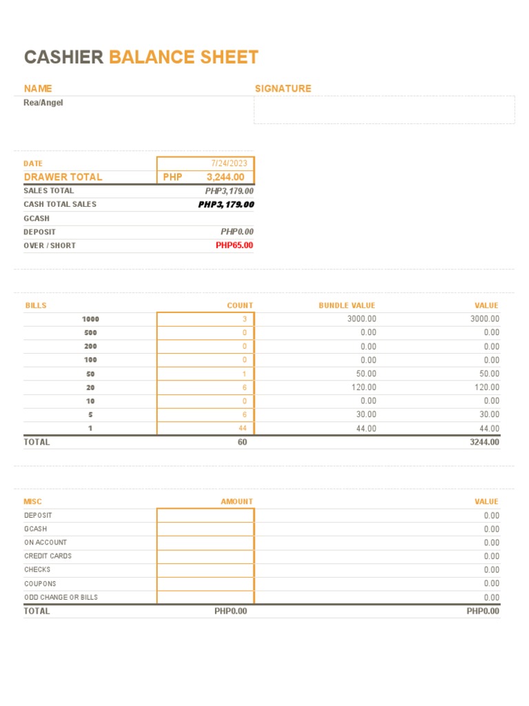 Cashier Balance Sheet | PDF | Payments | Banking Technology