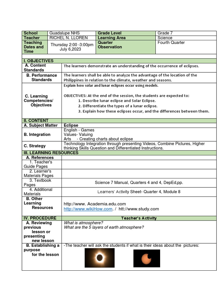 Lesson Plan | PDF | Solar Eclipse | Moon