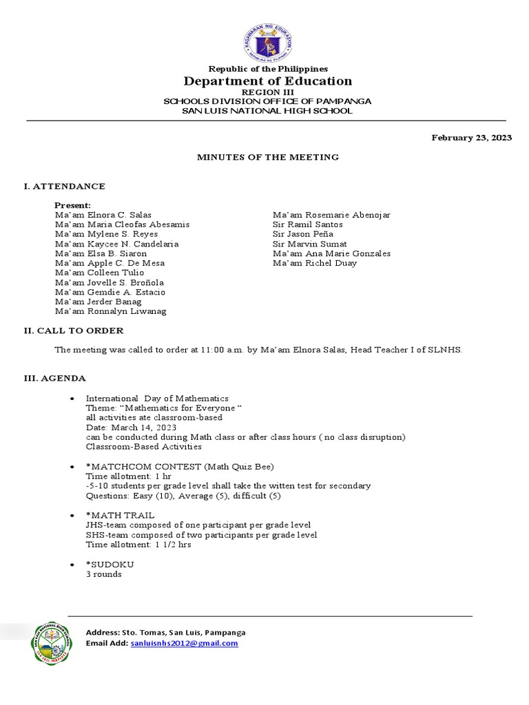 Minutes of The Meeting Math Dep | PDF | Educational Assessment And ...