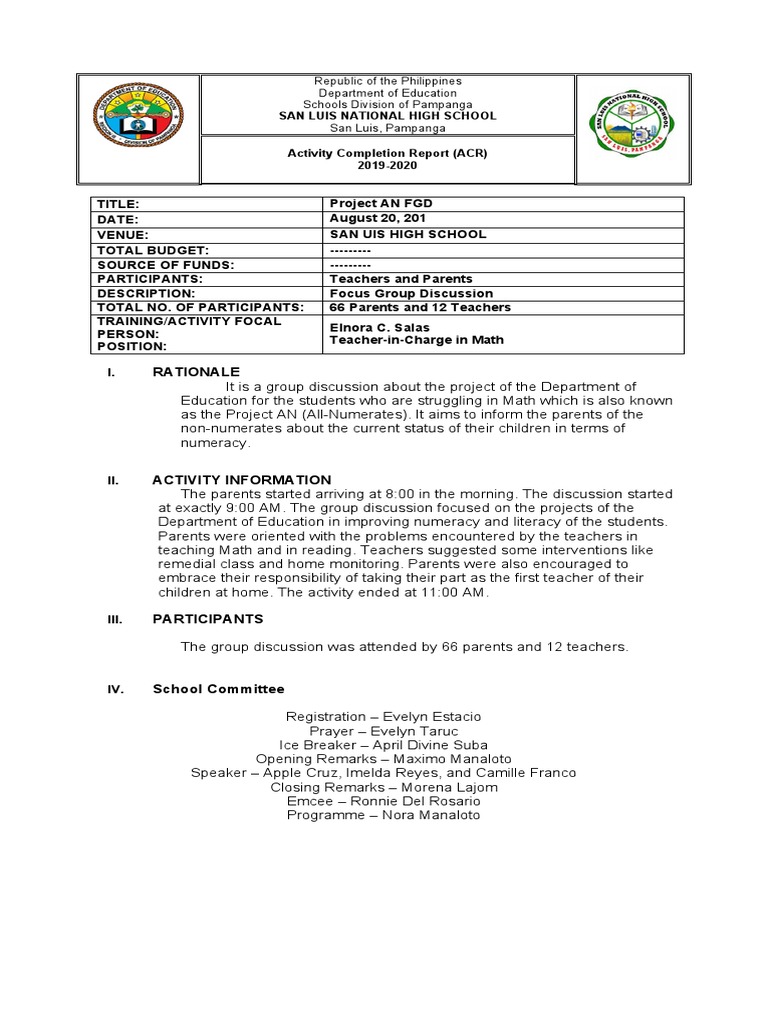ACR For Project AN FGD 2019 | PDF | Philippines