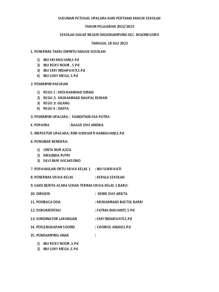 Susunan Petugas Upacara Hari Pertama Masuk Sekolah | PDF Susunan Petugas Upacara Hari Pertama Masuk Sekolah | PDF