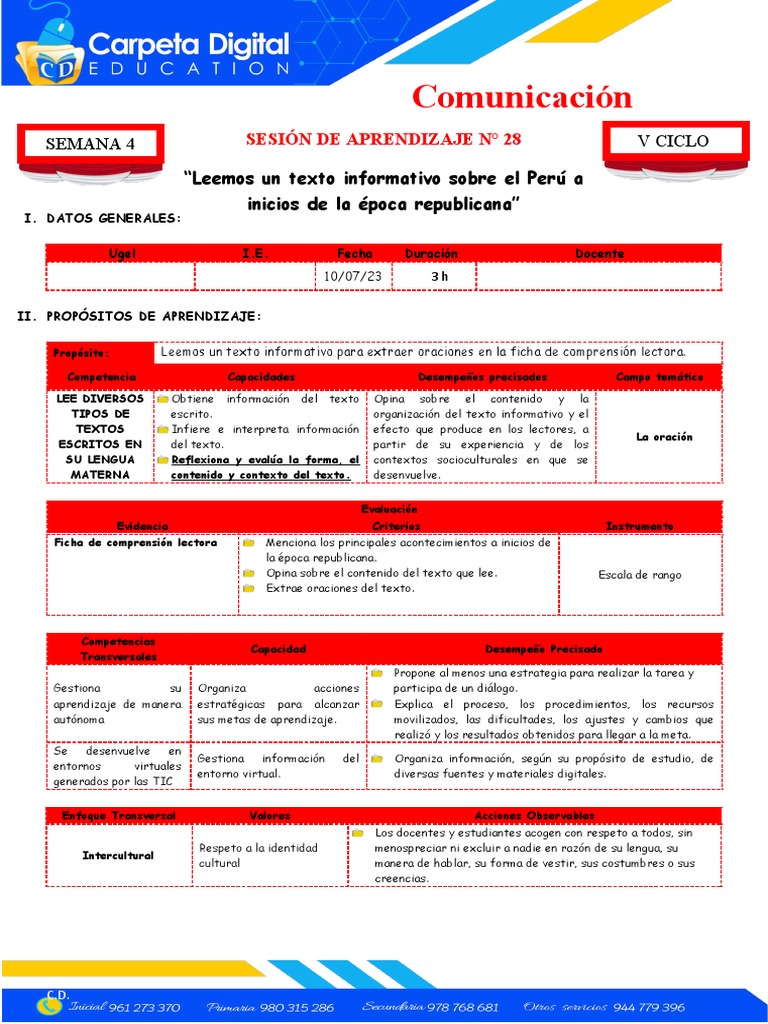 28° Sesión de Aprendizaje Sesión 28-Sem.4-Exp.4-Com | PDF | Comprensión lectora | Aprendizaje