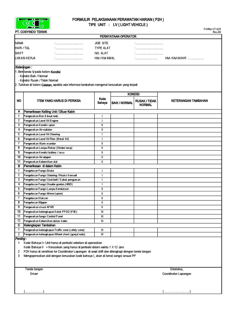 Formulir P2H Unit LV Harian | PDF