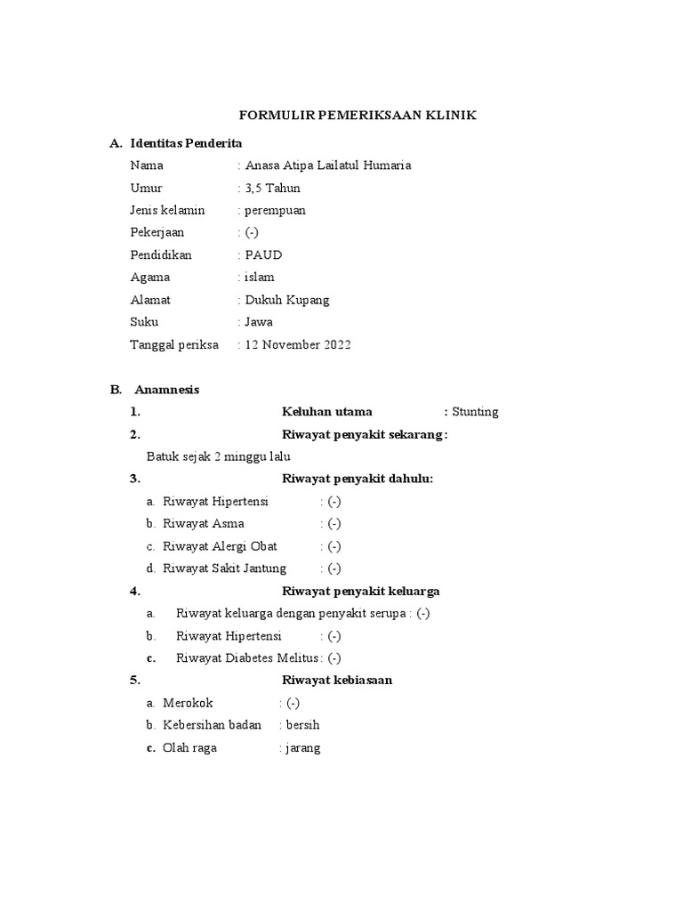 Formulir Pemeriksaan Klinik Balita Stunting | PDF