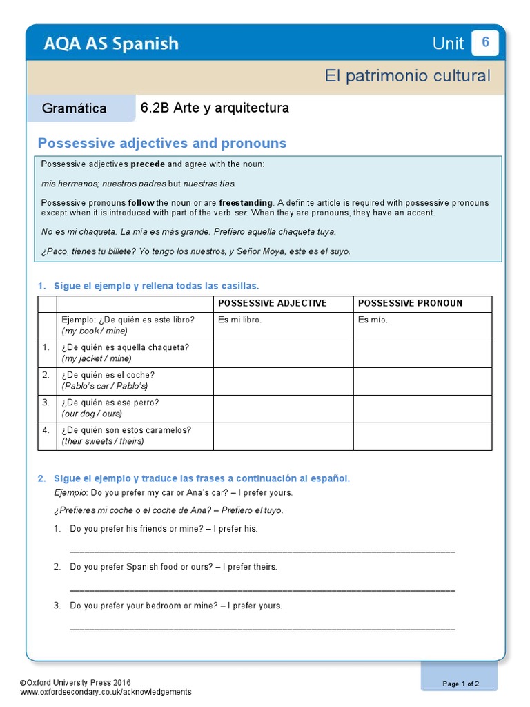 Adjetivos y pronombres posesivos en español | PDF