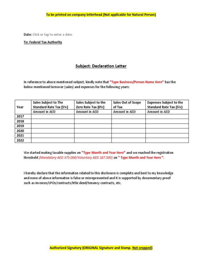 Turnover Declaration Letter Form | PDF | Taxes | Signature