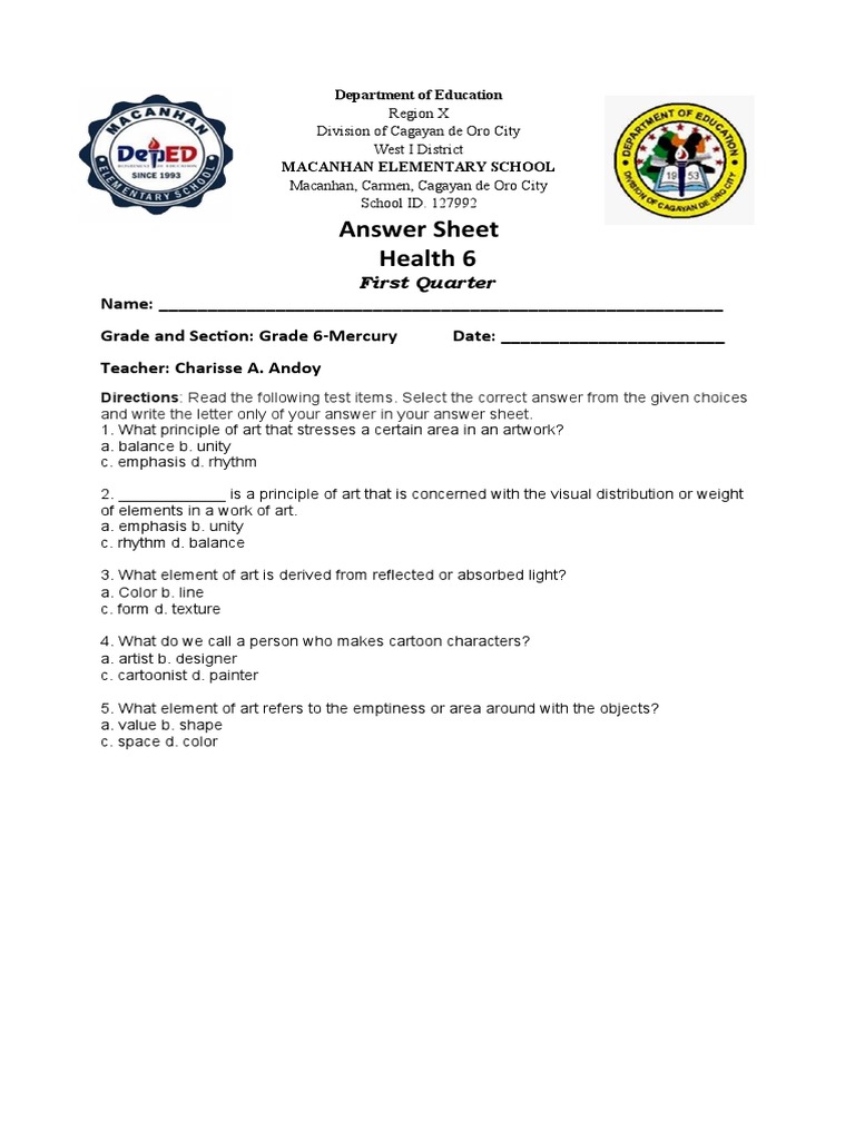 Answer Sheets For MAPEH - Arts 6 (Mercury and Venus) (First Quarter 2022 - 2023) | PDF