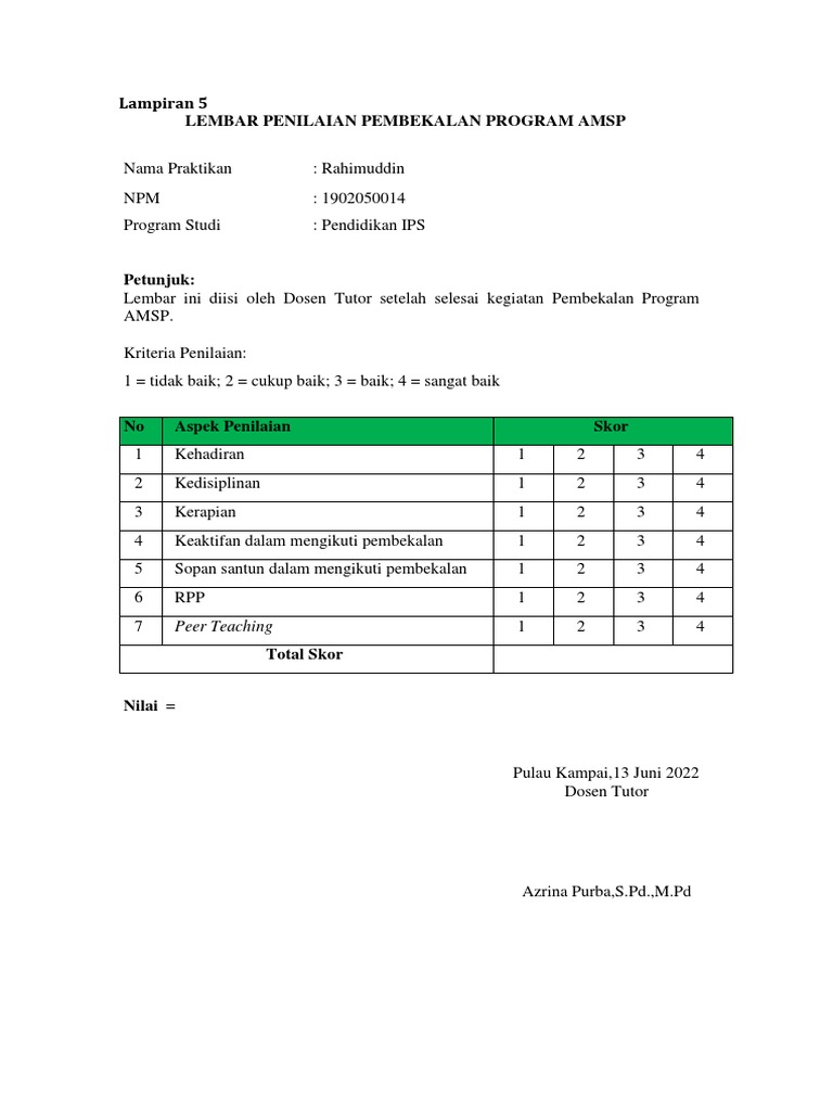 Lembar Penilaian Pembekalan Program Amsp | PDF