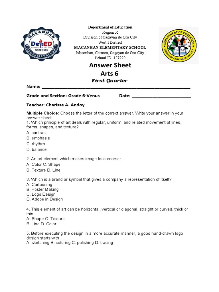 Answer Sheets For MAPEH - Arts 6 (Venus) (First Quarter 2022 - 2023 ...