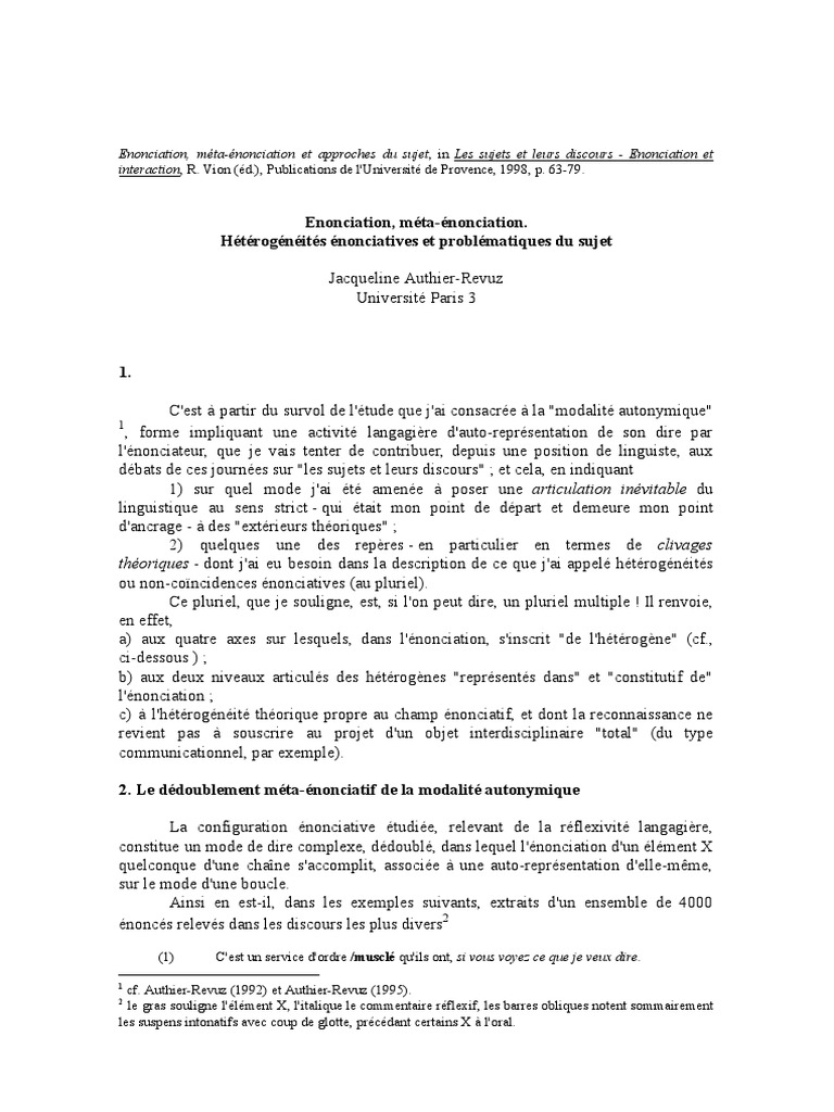 Authier-Revuz - Enonciation, Méta-Énonciation | PDF | Jacques Lacan ...