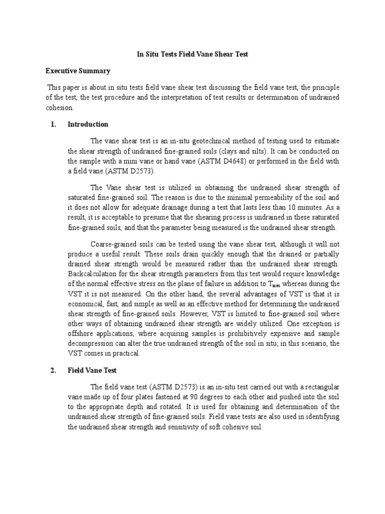 In Situ Tests Field Vane Shear Test | PDF | Soil Mechanics | Applied ...