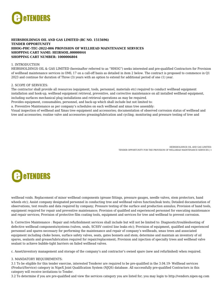 HEIRSHOLDINGS OIL AND GAS LIMITED - BR TENDER OPPORTUNITY FOR THE ... HEIRSHOLDINGS OIL AND GAS LIMITED - BR TENDER OPPORTUNITY FOR THE ...