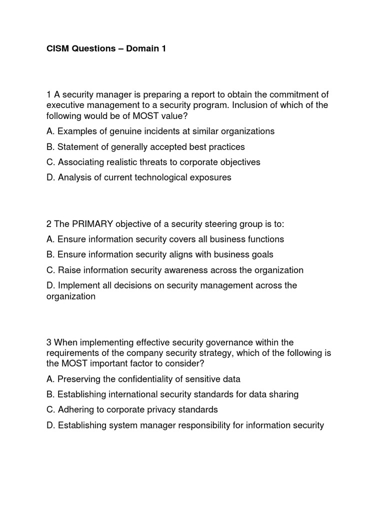 CISM D1 Questions | PDF | Information Security | Computer Security
