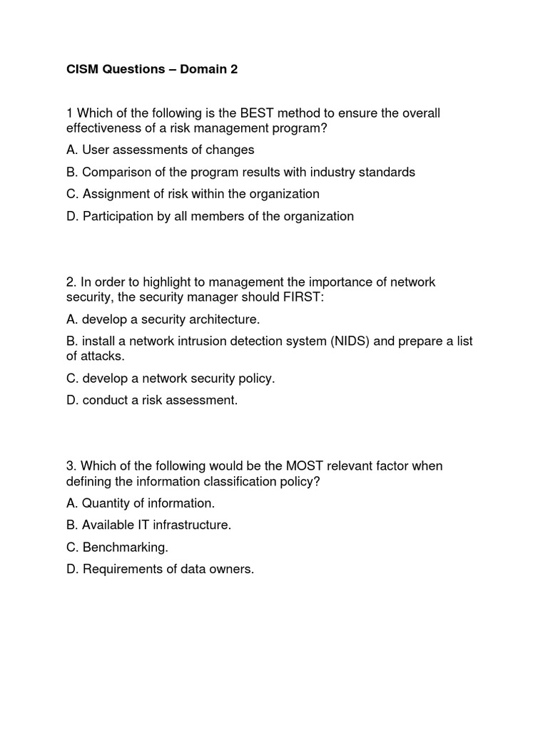 CISM D2 Questions | PDF | Risk | Information Security