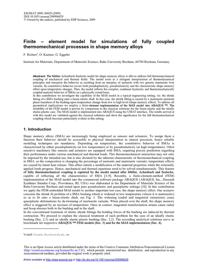 Finite ? Element Model For Simulations of Fully | PDF | Shape Memory Alloy | Applied And ...