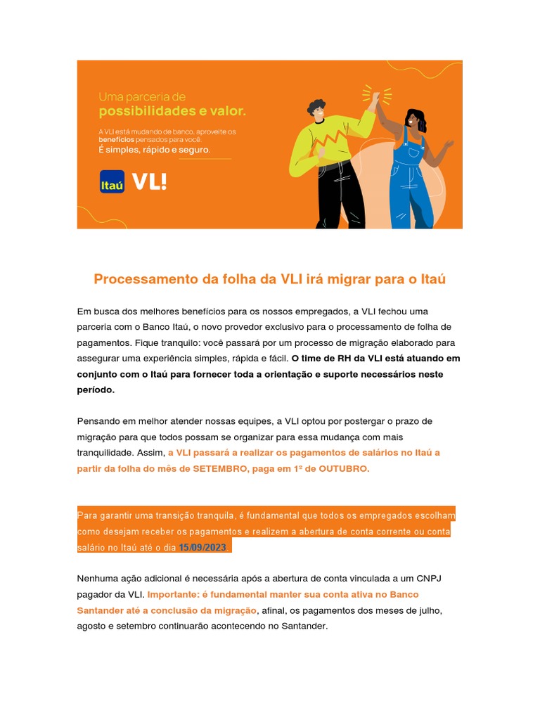 Processamento Da Folha Da VLI Ira Migrar para o Itau v2 1 | Download grátis PDF | Conta de ...