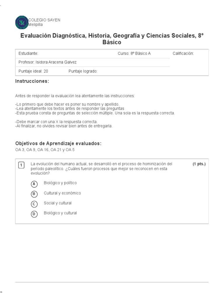 Evaluación Diagnóstica Historia 8º Básico | PDF | Civilización maya ...