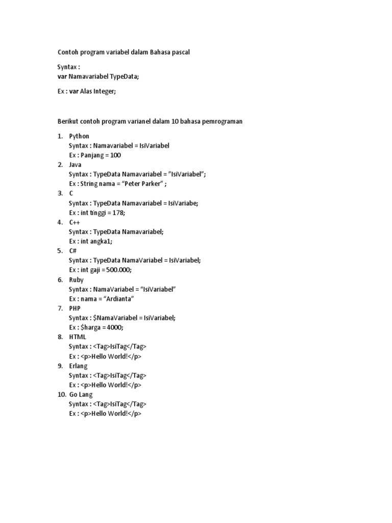 Contoh Program Variabel Dalam 10 Bahasa Pemrograman | PDF