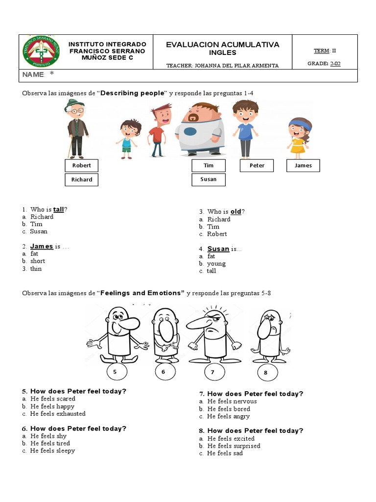 Evaluacion - Acumulativa - Ingles - Segundo Periodo - Grado 2 | PDF