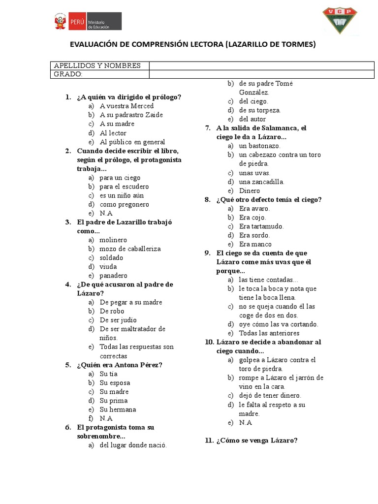 Examen de comprensión: Lazarillo de Tormes | PDF