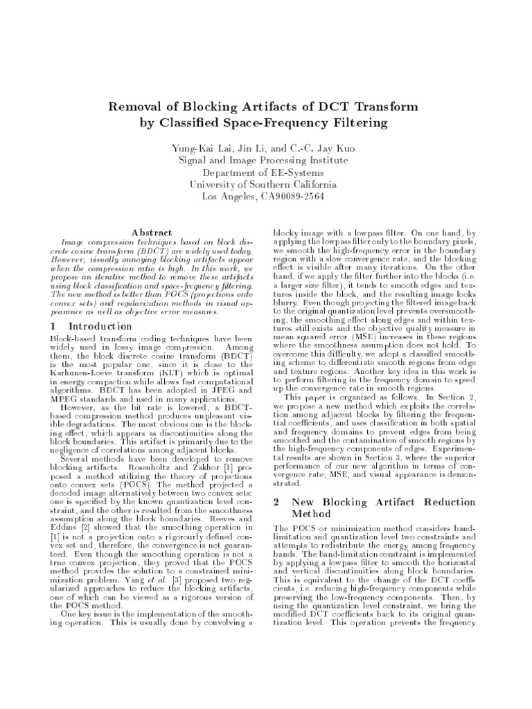 Removal of Blocking Artifacts of DCT Transform by Classied Space-Frequency Filtering | PDF ...