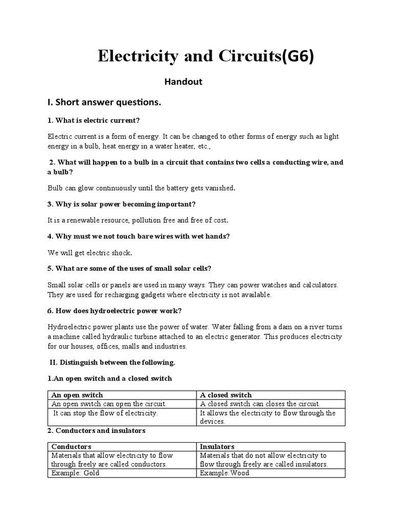 G6 Electricity and Circuits Hand Out | PDF | Electrical Connector | Switch