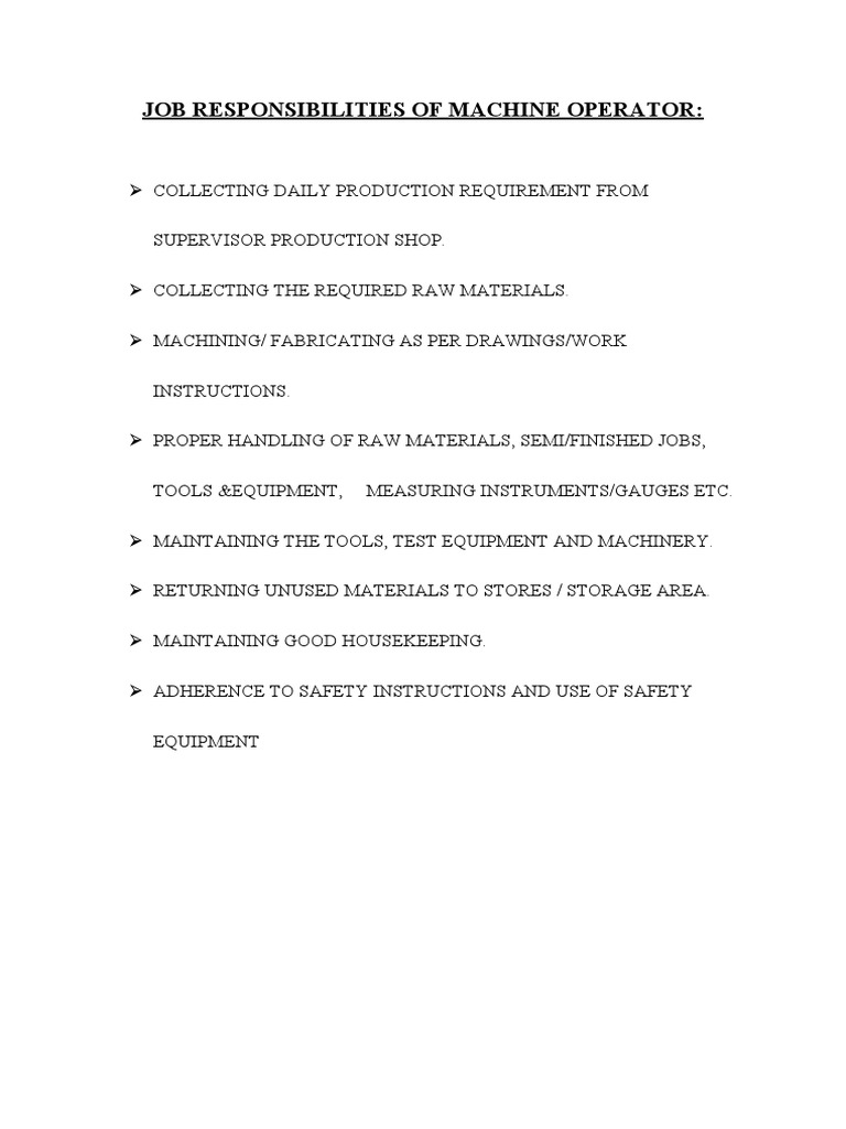 Job Responsibilities of Machine Operator | PDF