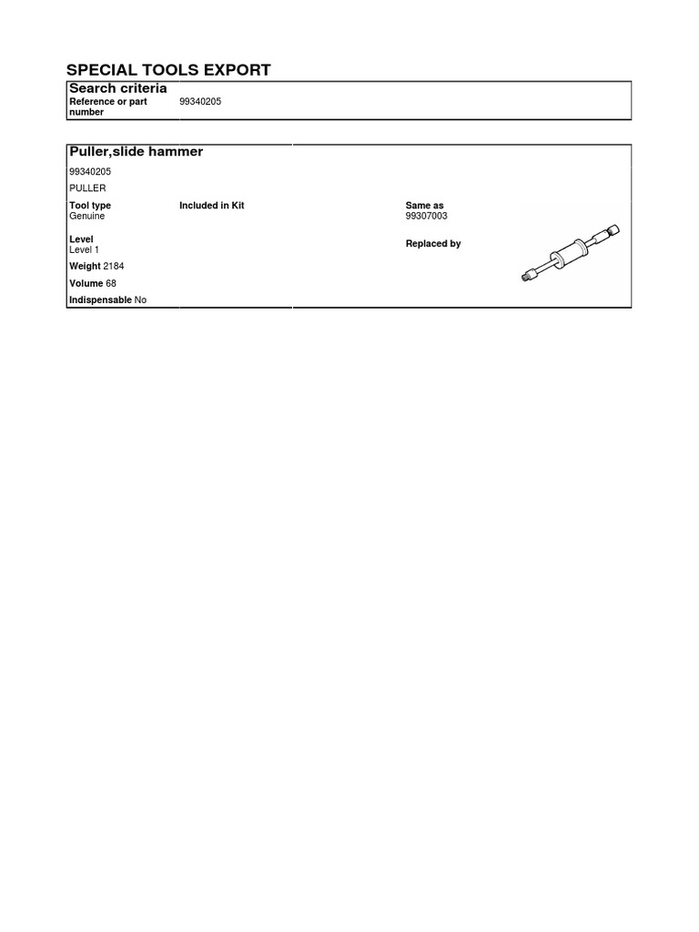Genuine Slide Hammer Puller Tool 99340205 | PDF