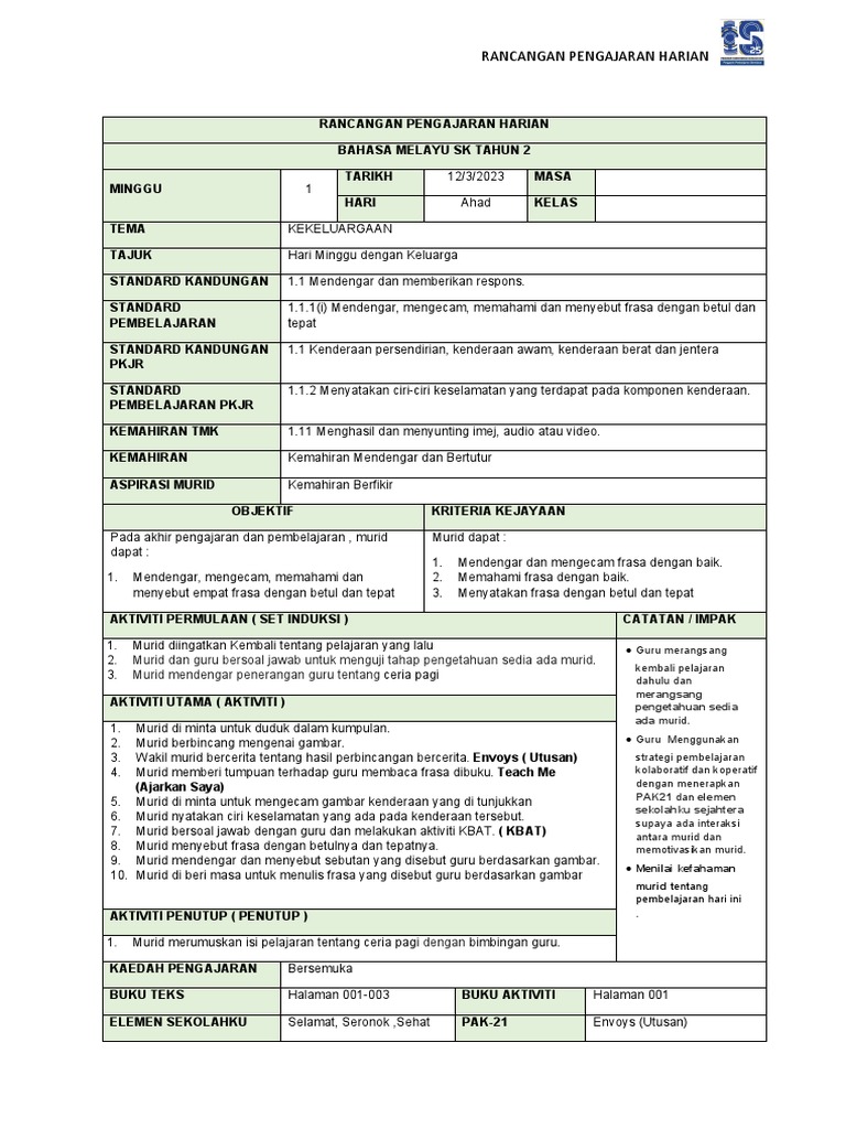 RPH Minggu 1 BM SK THN 2 2023 by Cikgu Gorgeous | PDF
