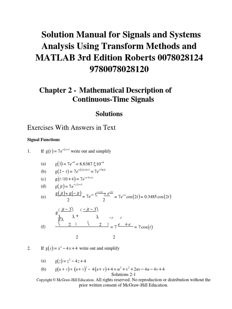 Signals And Systems Analysis Using Transform Methods And Matlab 3rd Edition Roberts Solution