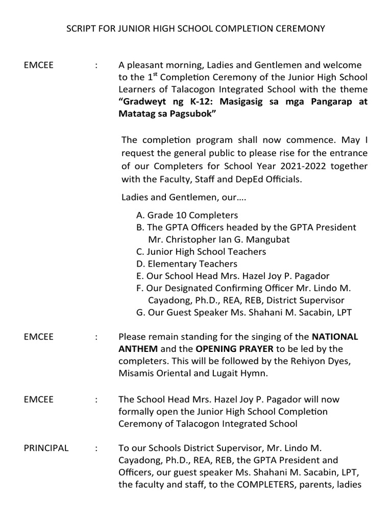 Script For Junior High School Completion Ceremony | PDF