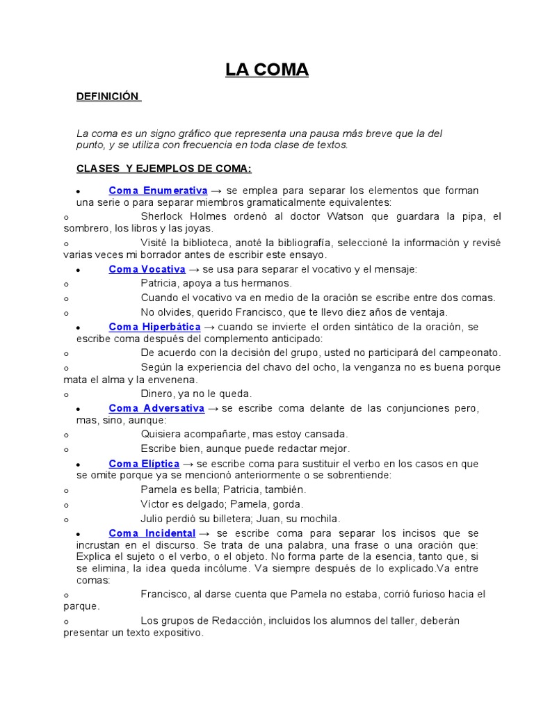 LA COMA, DEFINICION, CLASES Y EJEMPLOS, Reglas | PDF | Coma | Gramática