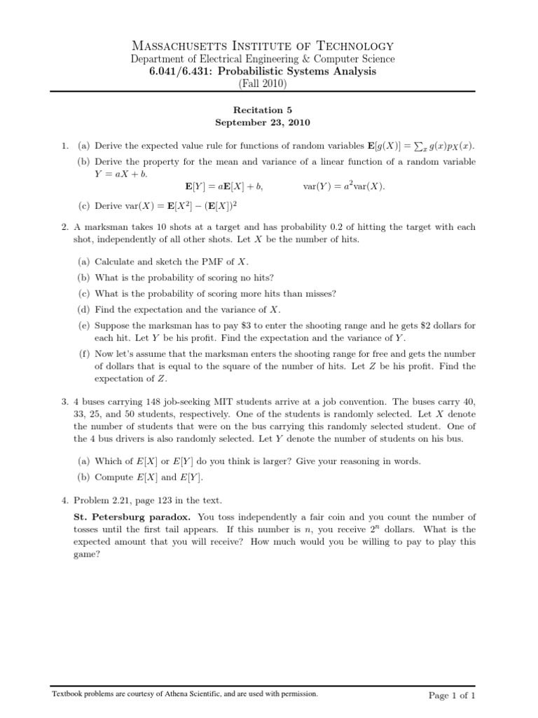 Mit Probability Recoitations 5 | PDF | Variance | Expected Value