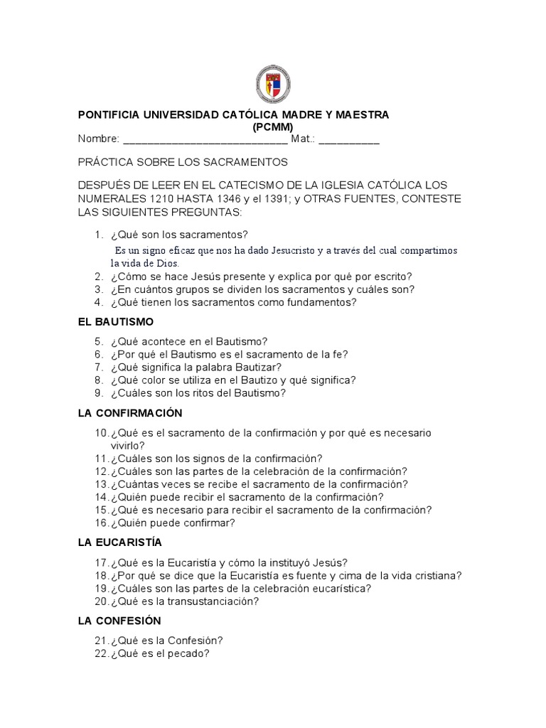 Práctica sobre los 7 Sacramentos | PDF | Sacramentos | Matrimonio