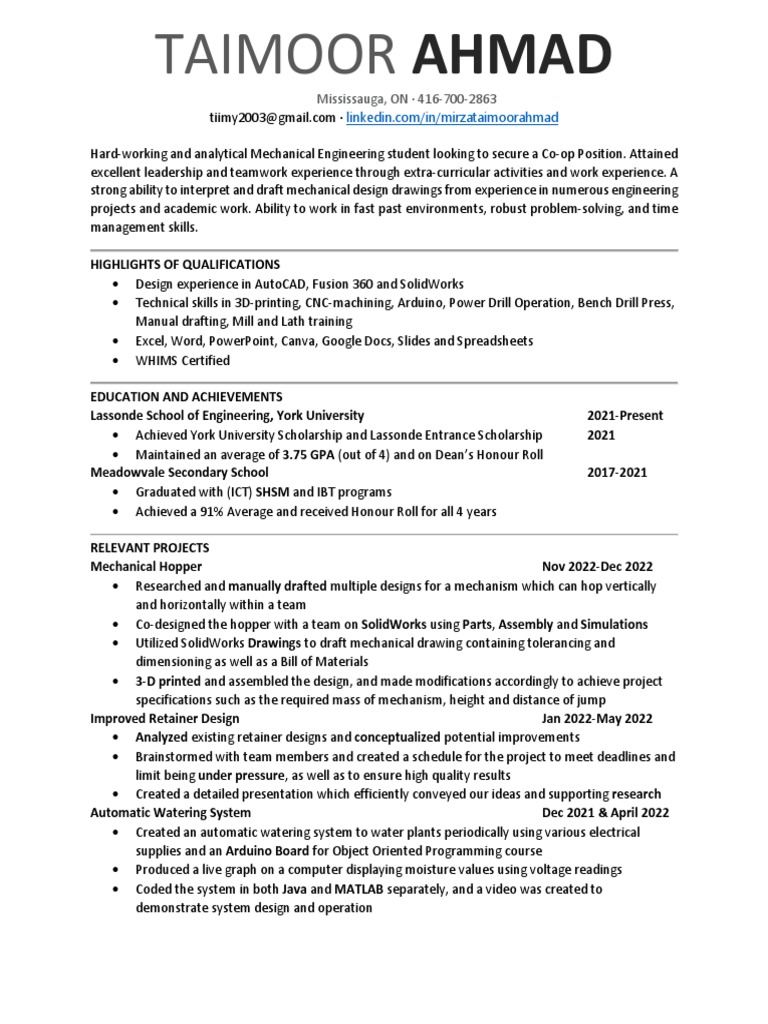 Mechanical Engineering Co-op Resume | PDF | Engineering | 3 D Printing