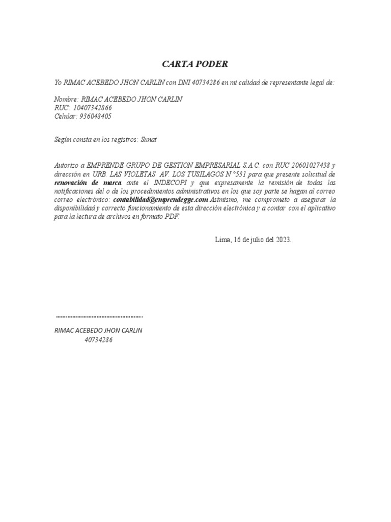 Carta Poder Jhon Rimac | PDF