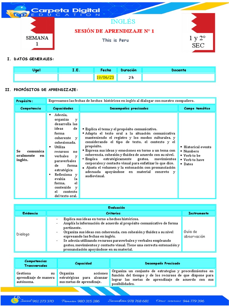 1° y 2° SESIÓN DE APRENDIZAJE SESIÓN 1-SEM.1-EXP.4-INGLES | PDF | Aprendizaje | Evaluación