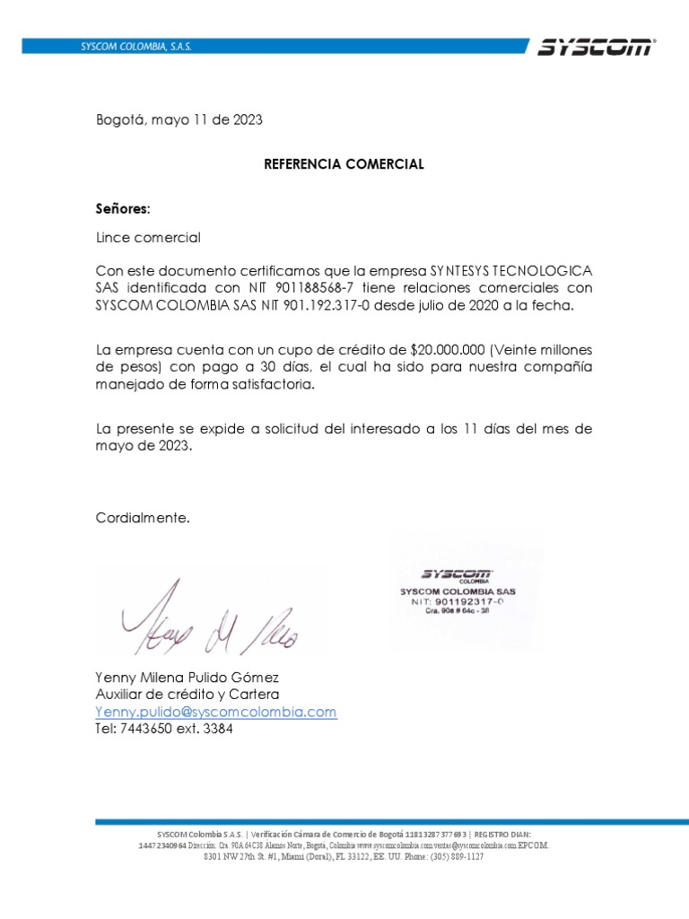 Referencia Comercial Syntesys-Syscom | PDF