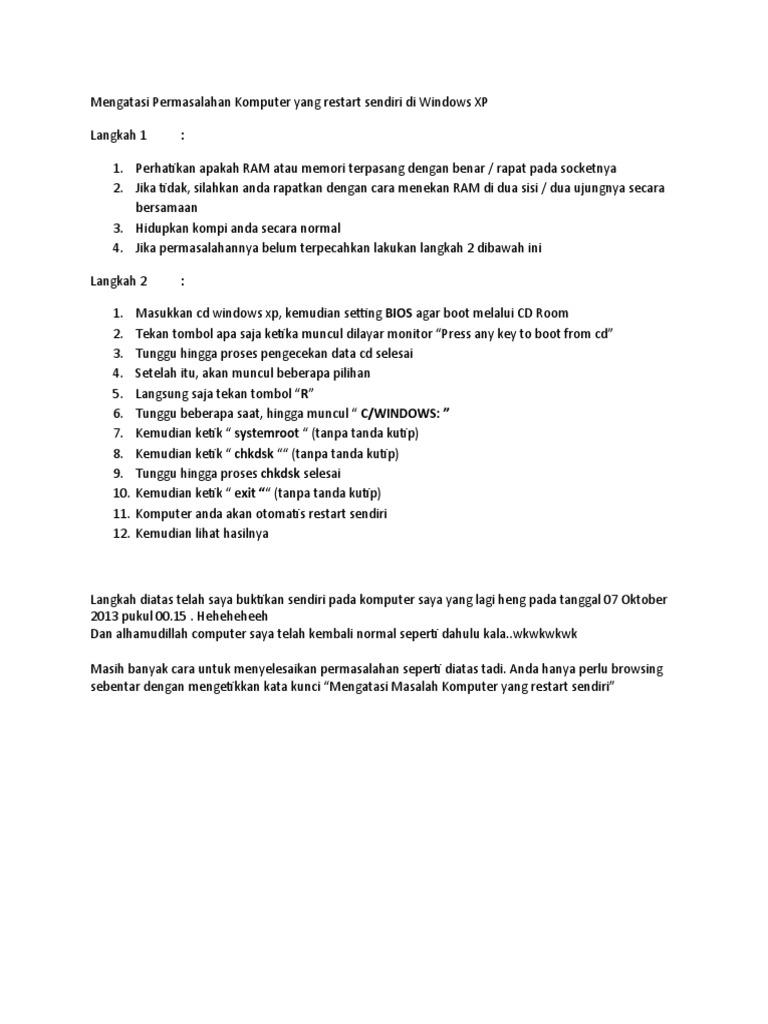 Mengatasi Restart Sendiri di Windows XP | PDF | Teknologi & Rekayasa