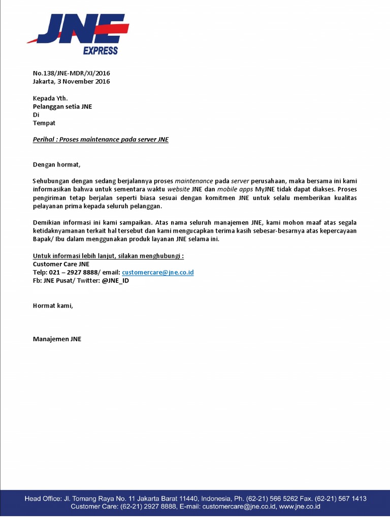 Surat Pemberitahuan Proses Maintenance IT JNE | PDF