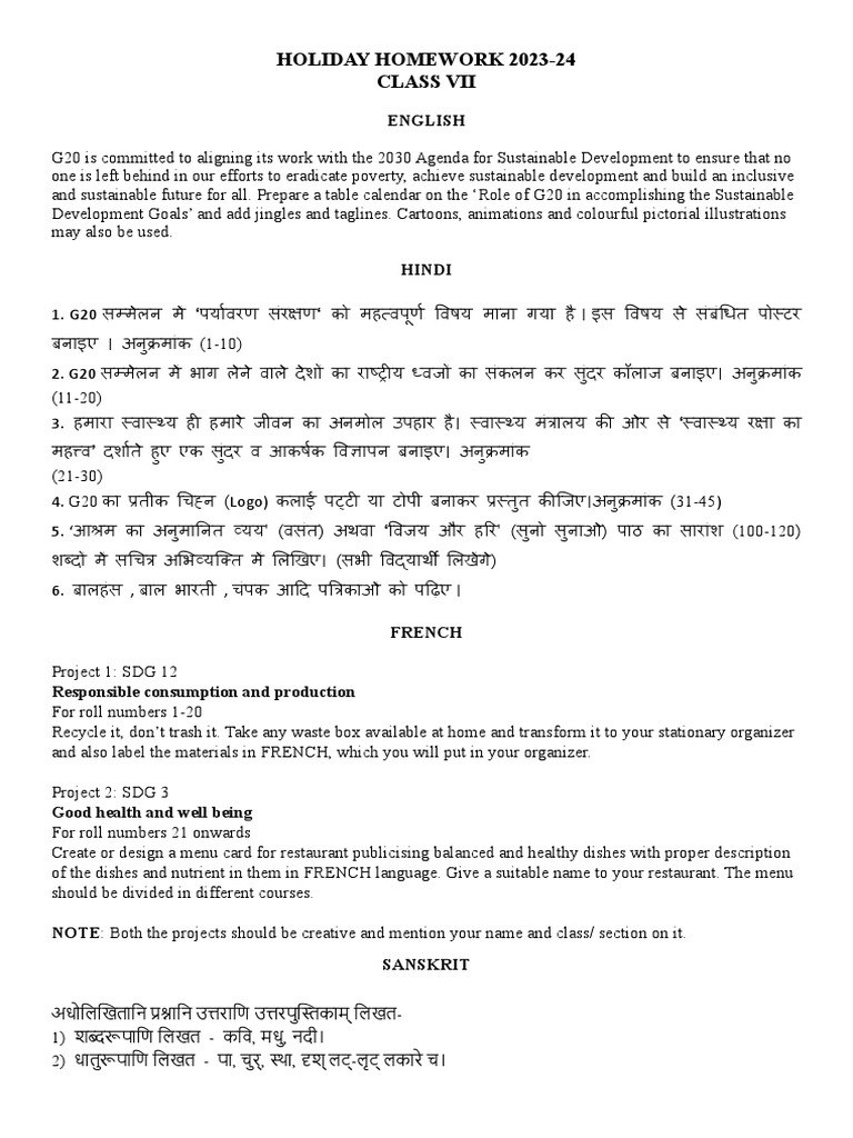 Class VII Holiday Homework 2023-24 | PDF | Sustainability