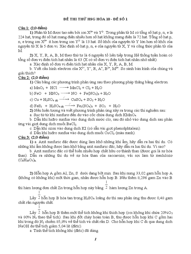 5 ĐỀ HSG HÓA 10 -1 | PDF